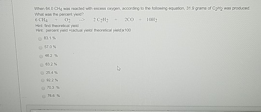 Solved When 64.0 CH4 was reacted with excess oxygen, | Chegg.com