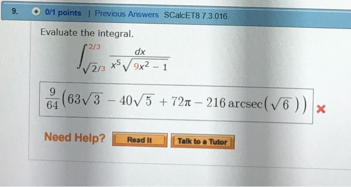 Solved 11. 0/1 points I Previous Answers SCalcET8 7.3.018. | Chegg.com