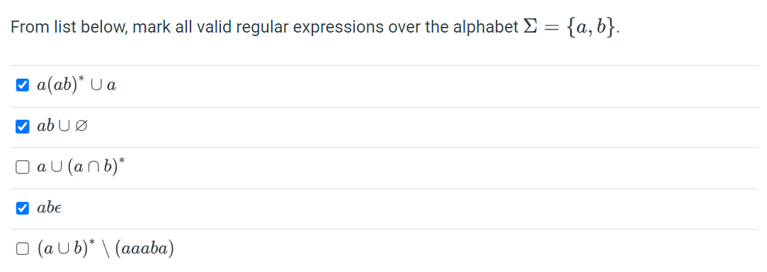 Solved From list below, mark all valid regular expressions | Chegg.com