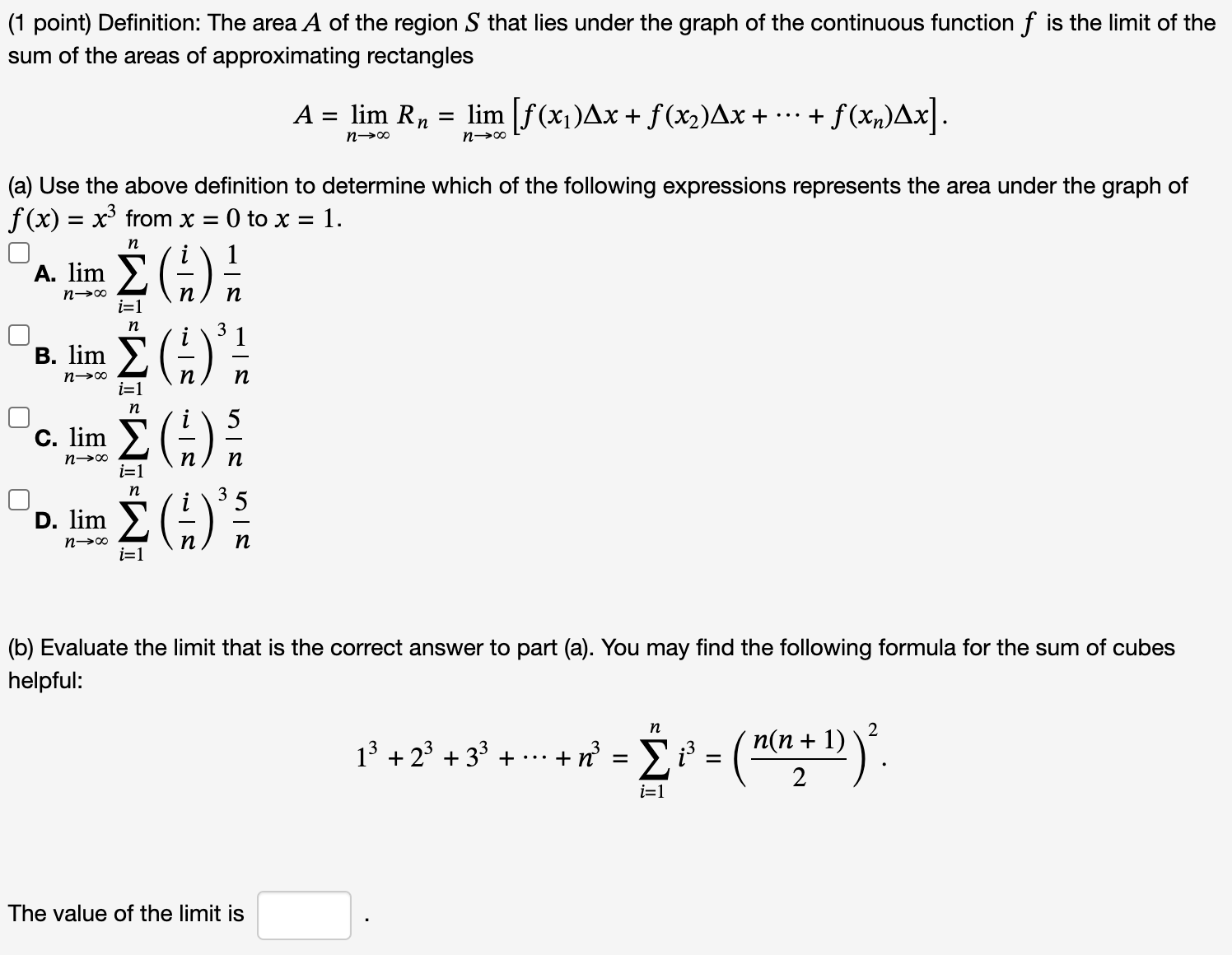 Solved (1 point) Definition: The area A of the region S that | Chegg.com