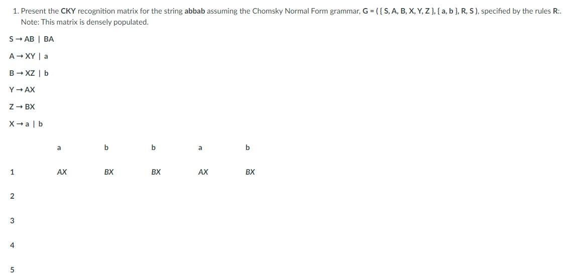 Solved 1. Present the CKY recognition matrix for the string | Chegg.com