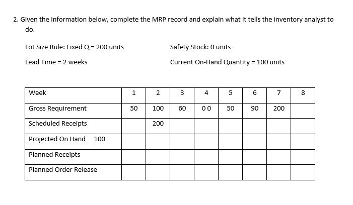Solved 2. Given the information below, complete the MRP | Chegg.com