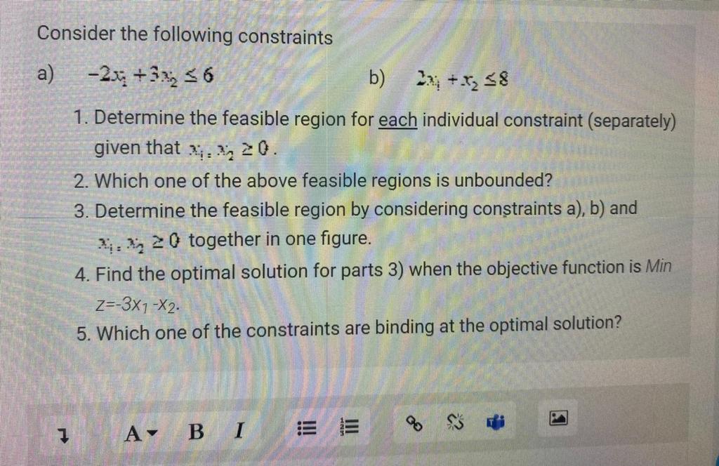 Solved Consider the following constraints a) -2x+3x, 36 b) | Chegg.com