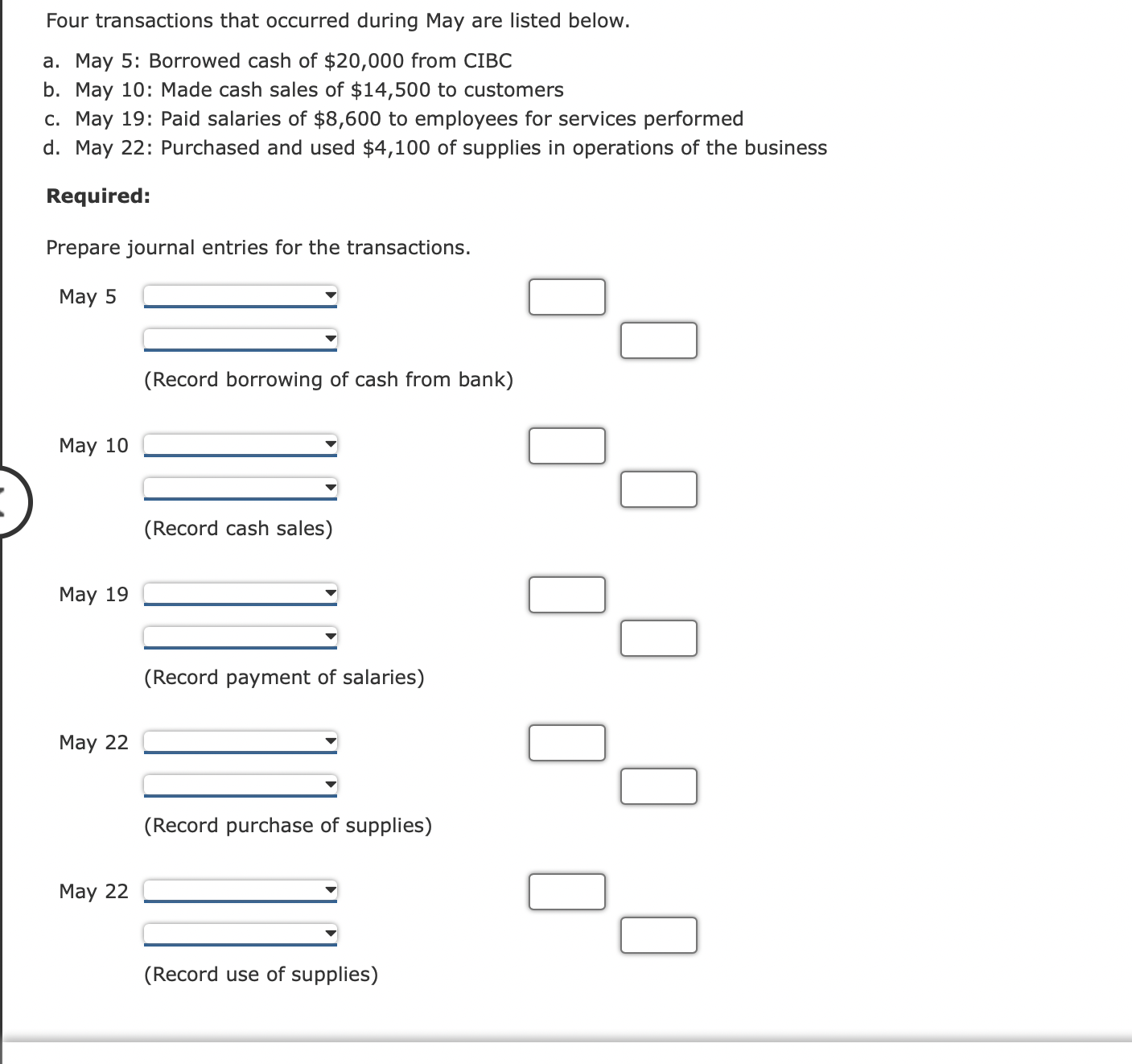Solved Four transactions that occurred during May are listed | Chegg.com