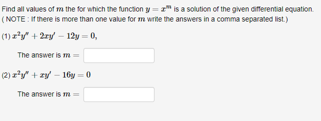 Find all values of m the for which the function y=xm | Chegg.com