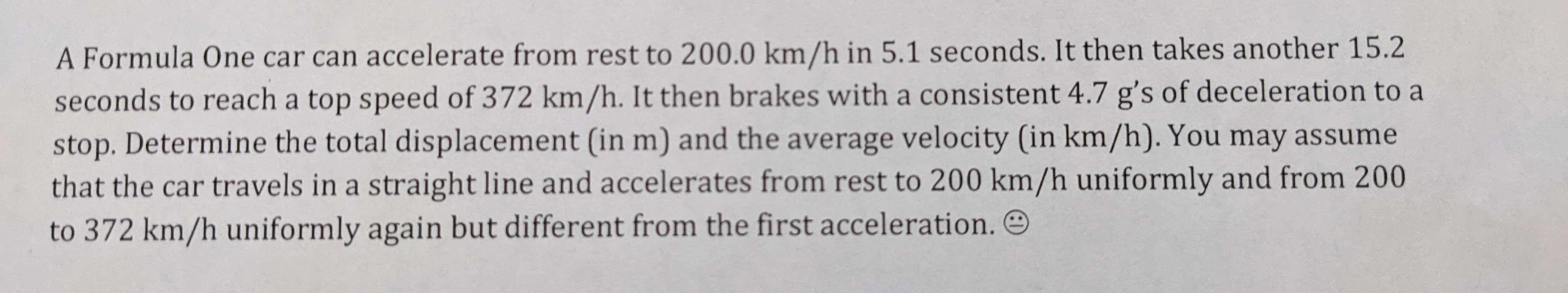Solved A Formula One car can accelerate from rest to 200.0 | Chegg.com