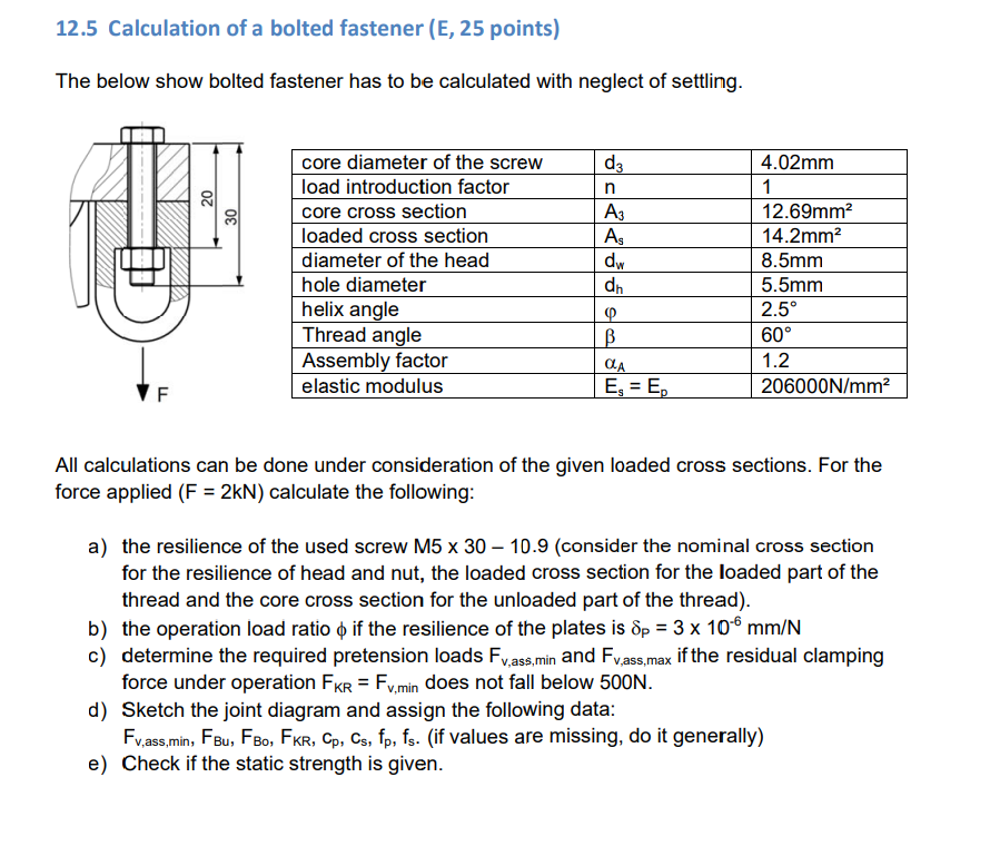 Solved 12.5 Calculation of a bolted fastener ( E,25 points) | Chegg.com