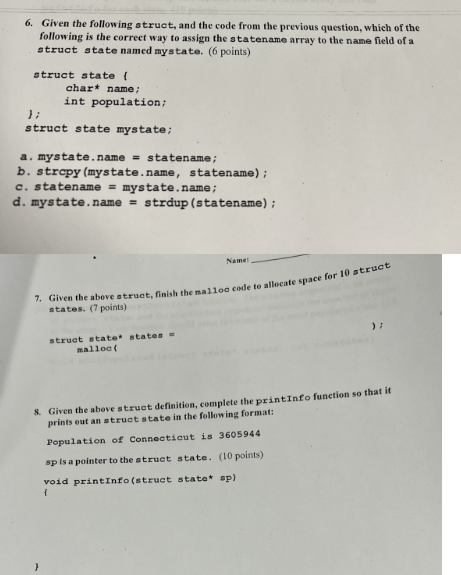 Solved 6. Given the following struet, and the code from the | Chegg.com