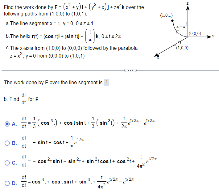 Find the work done by F=(x2+y)i+(y2+x)j+zezk ﻿over | Chegg.com