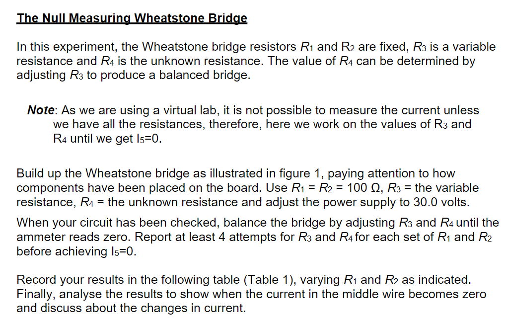 The Null Measuring Wheatstone Bridge In this | Chegg.com