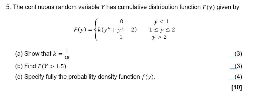 Solved The continuous random variable Y has cumulative | Chegg.com