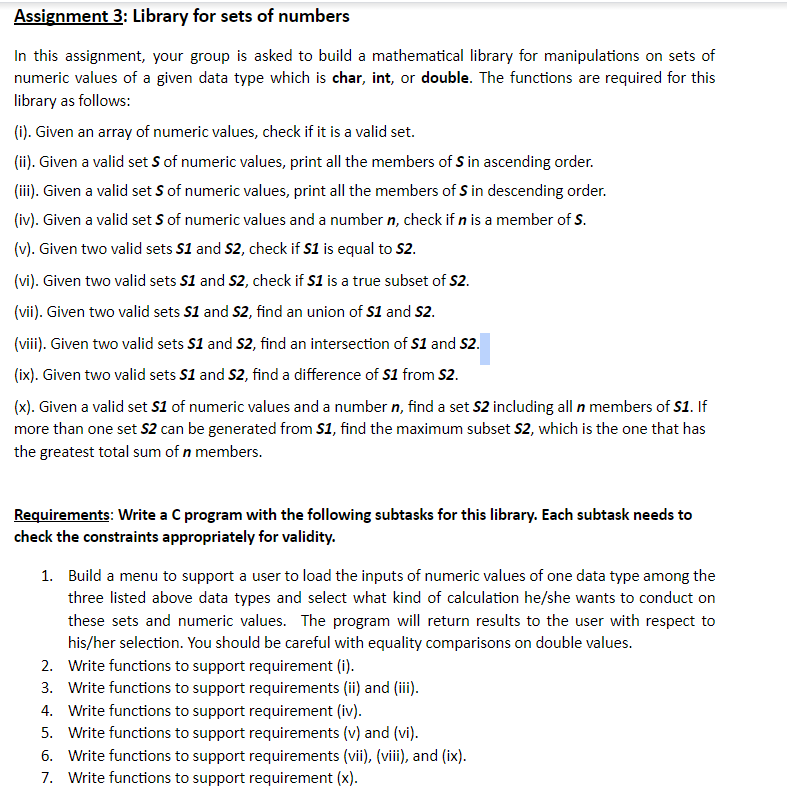 Assignment 3: Library for sets of numbers In this | Chegg.com