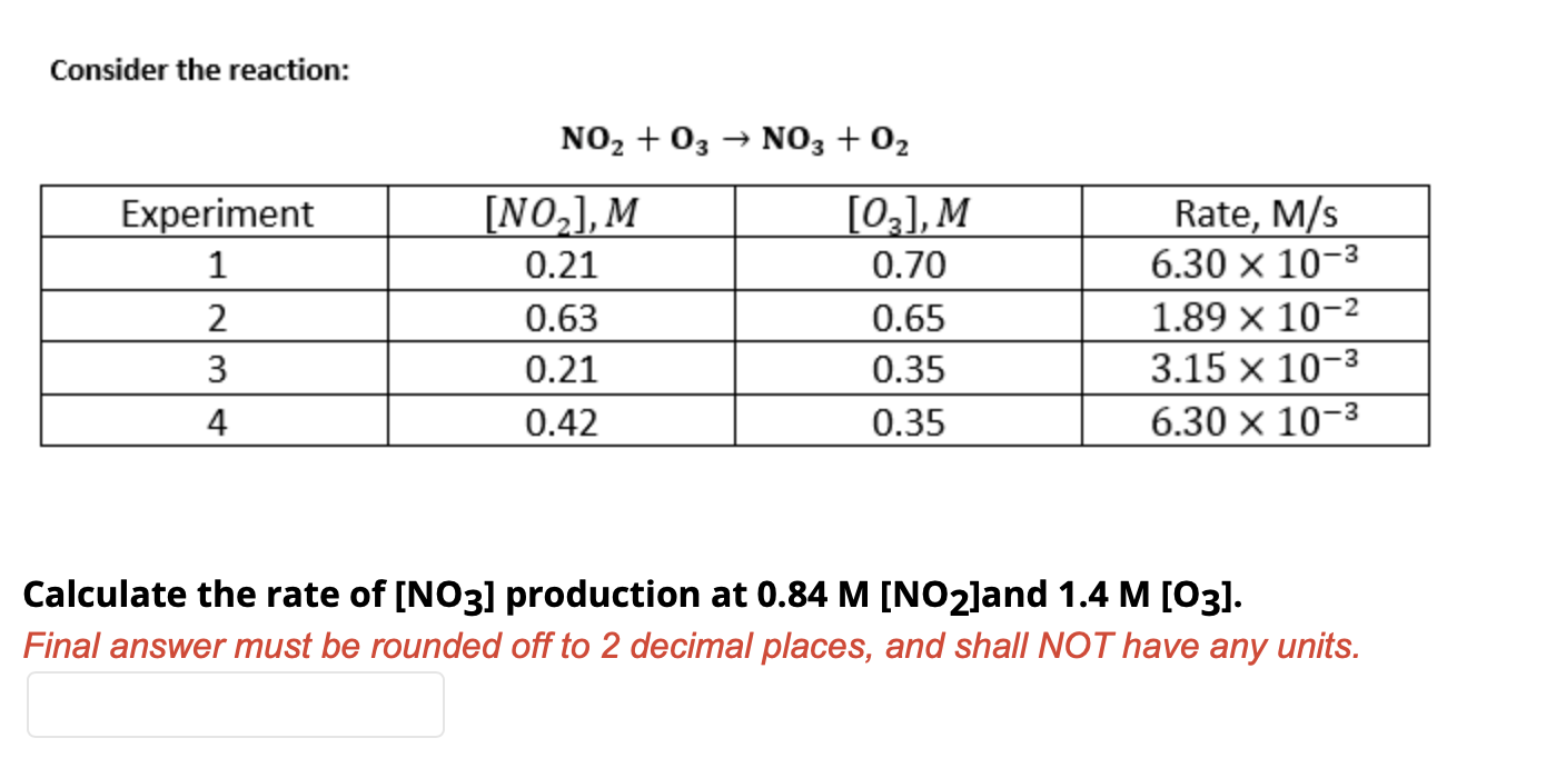 Solved Consider the reaction: NO2 + 03 → NO3 + O2 Experiment | Chegg.com