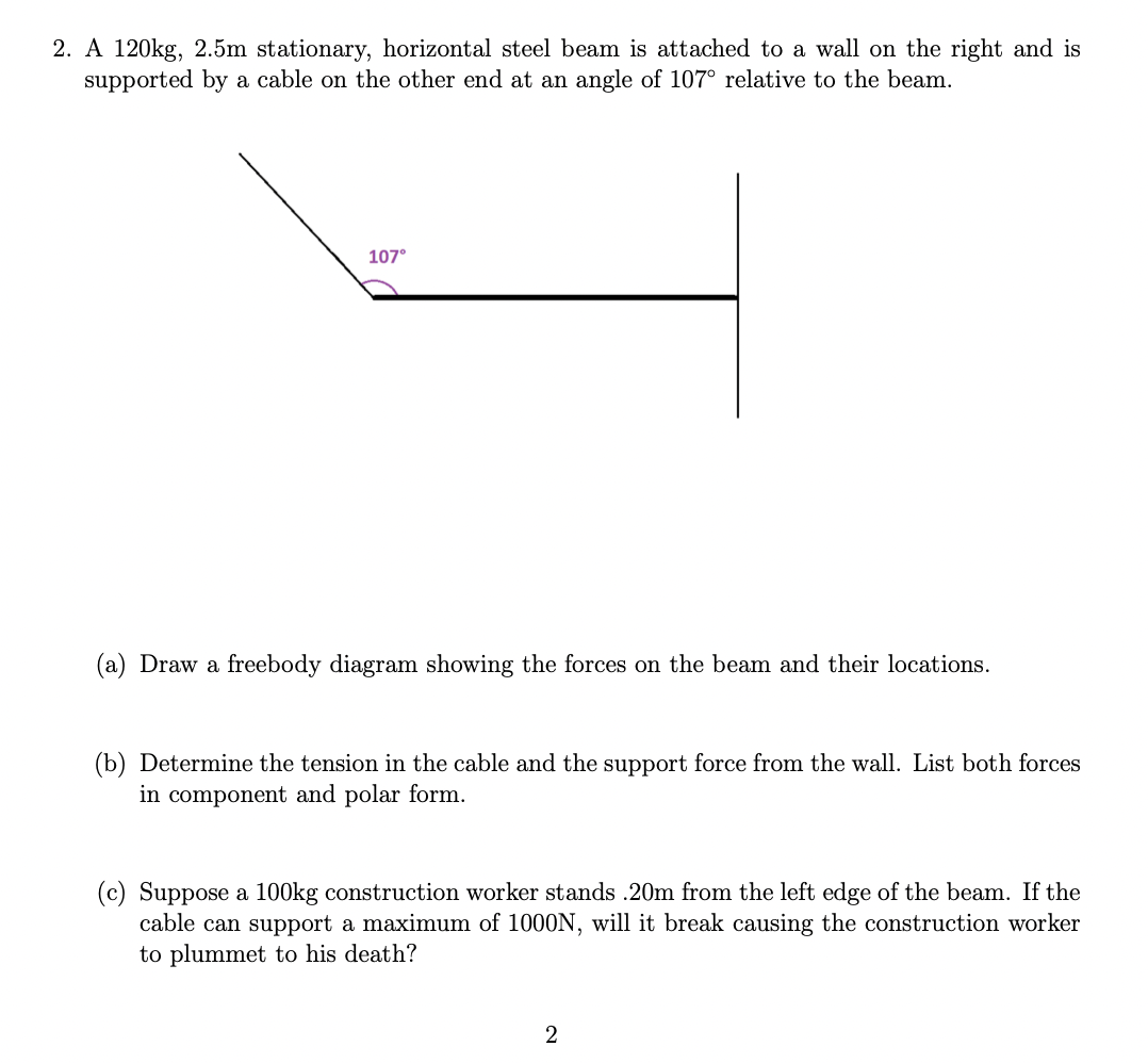 Solved 2. A 120 kg,2.5 m stationary, horizontal steel beam | Chegg.com