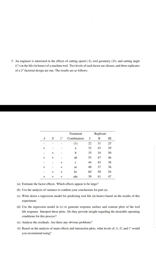 Solved 5. An engineer is interested in the effects of | Chegg.com