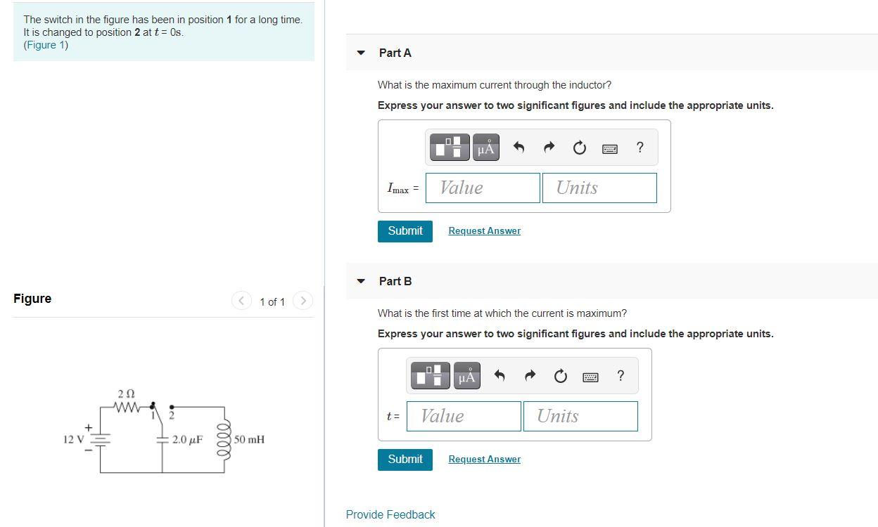 Solved The switch in the figure has been in position 1 for a | Chegg.com