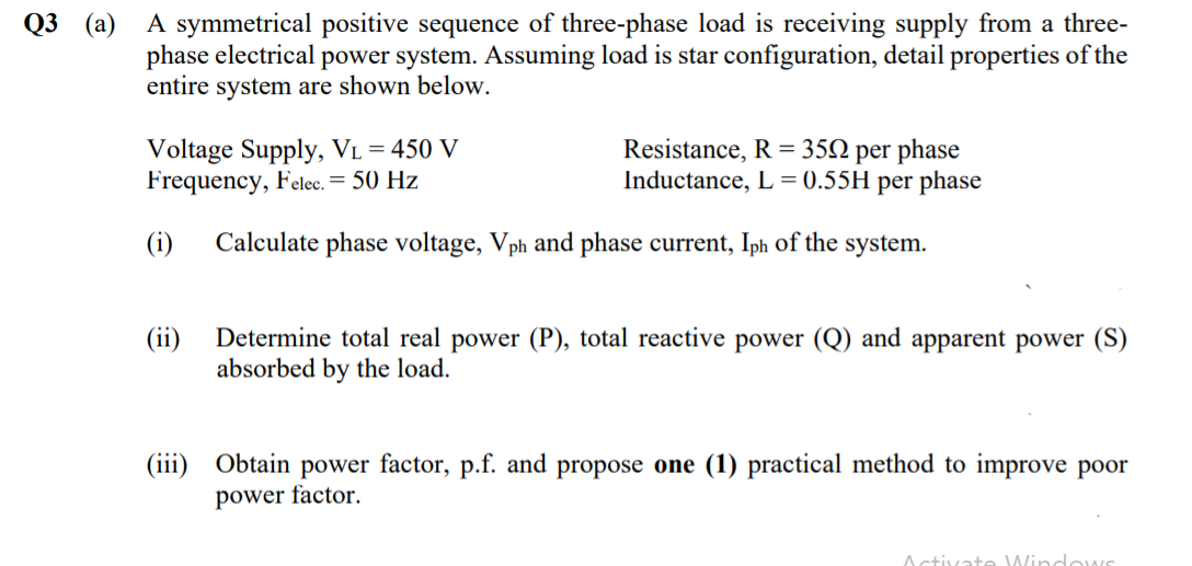 Solved Q3 (a) A symmetrical positive sequence of three-phase | Chegg.com