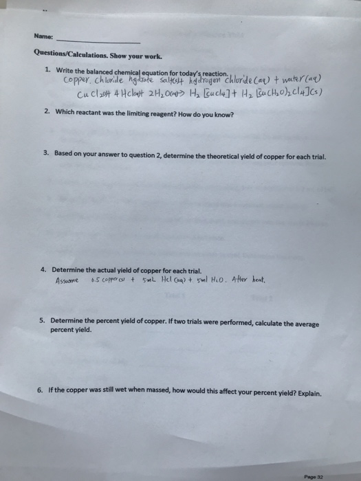 Name: Questions/Calculations. Show your work. 1. | Chegg.com