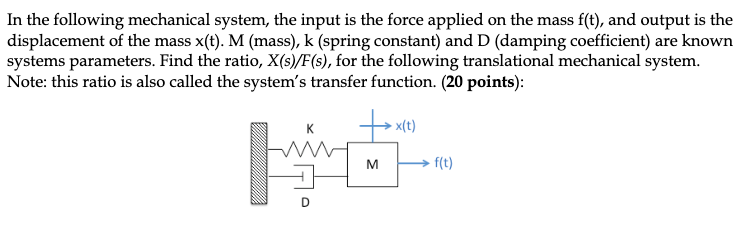 Solved In the following mechanical system, the input is the | Chegg.com