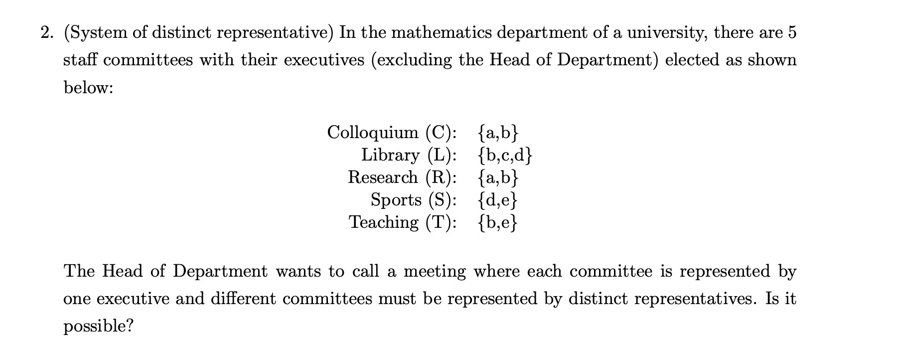 Solved 2. (System of distinct representative) In the | Chegg.com