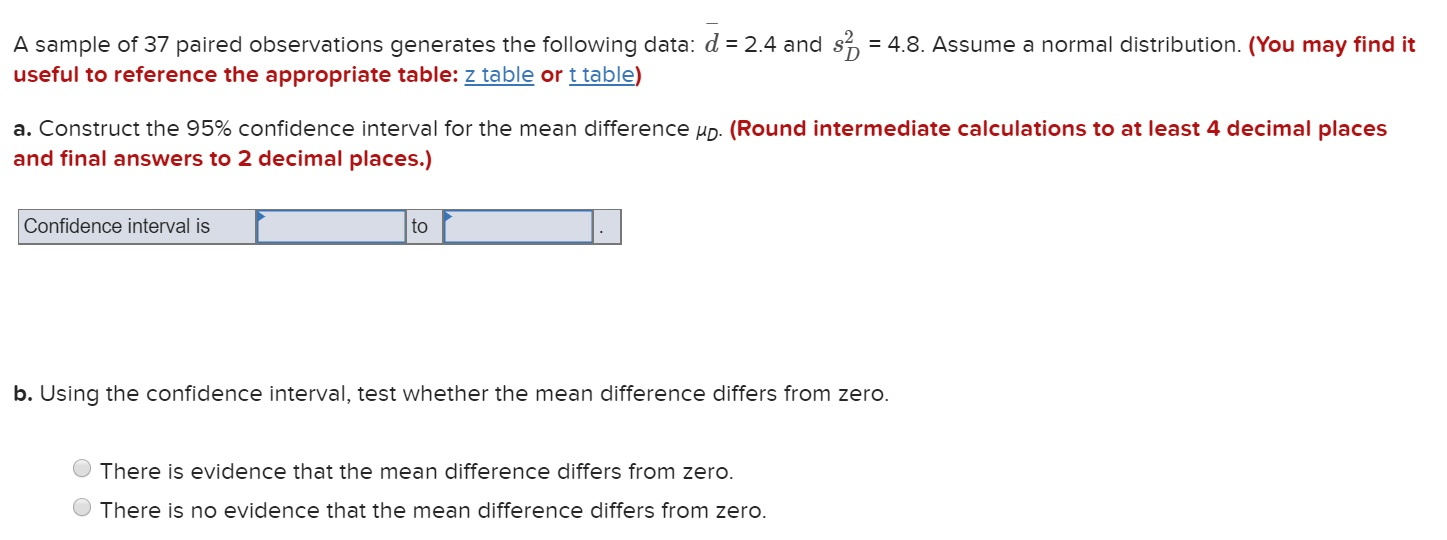 Solved A sample of 37 paired observations generates the | Chegg.com