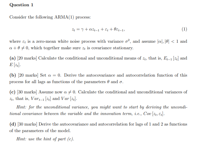 Question 1 Consider the following ARMA(1) process: 24 | Chegg.com