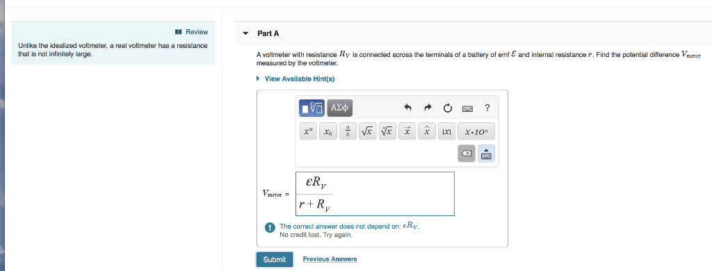 Solved Review Part A Unlike the idealized voltmeter, a real | Chegg.com