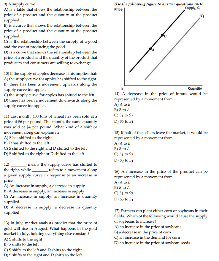 Solved 9) A supply curve Use the following figure to answer | Chegg.com