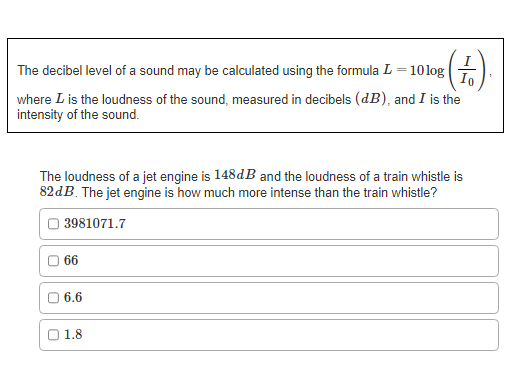 Solved The decibel level of a sound may be calculated using | Chegg.com
