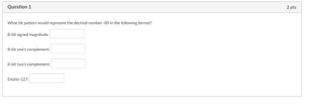 Solved Question 1 2 pts What bit pattern would represent the | Chegg.com