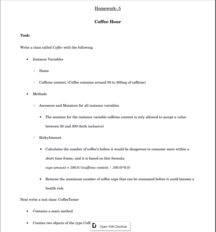 Solved Homework- 5 Coffee Hour Task: Write a class called | Chegg.com