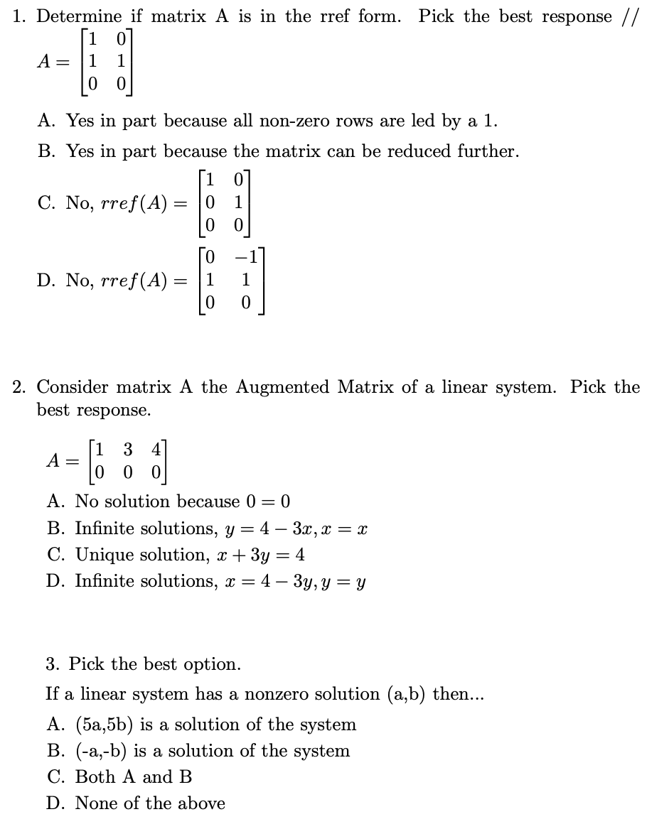 Solved 1. Determine if matrix A is in the rref form. Pick | Chegg.com