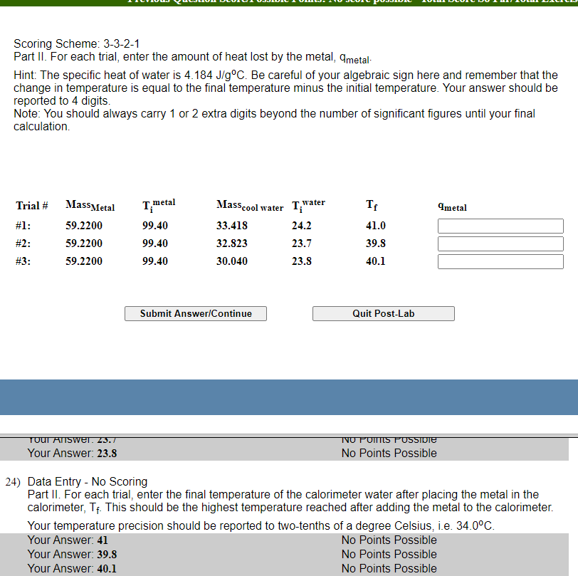Solved Scoring Scheme: 3-3-2-1 Part II. For each trial, | Chegg.com