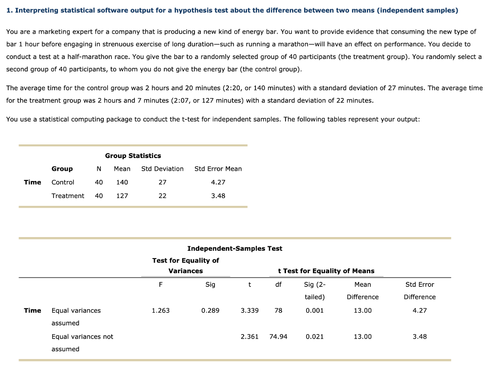Solved 1. Interpreting statistical software output for a | Chegg.com