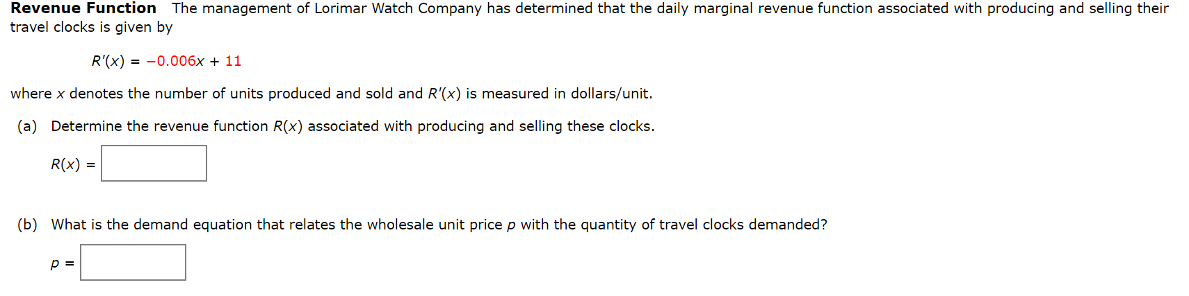 Solved Revenue Function The management of Lorimar Watch | Chegg.com