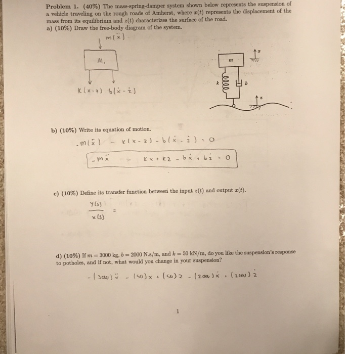Solved Problem 1. (40%) The mass-spring-damper system shown | Chegg.com