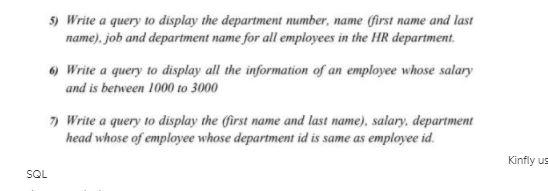 Solved 5) Write a query to display the department number, | Chegg.com