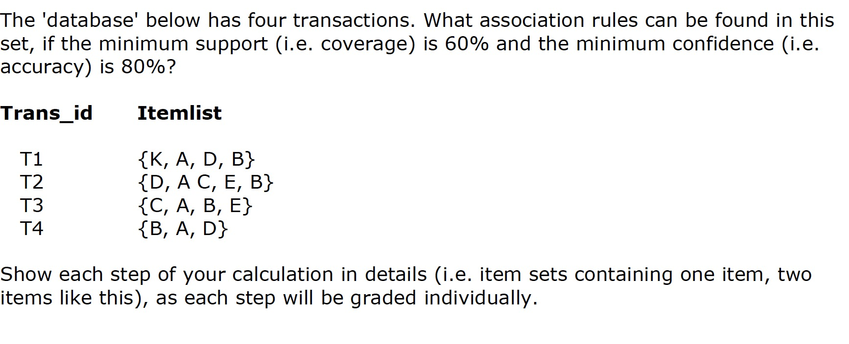 Solved The 'database' below has four transactions. What | Chegg.com