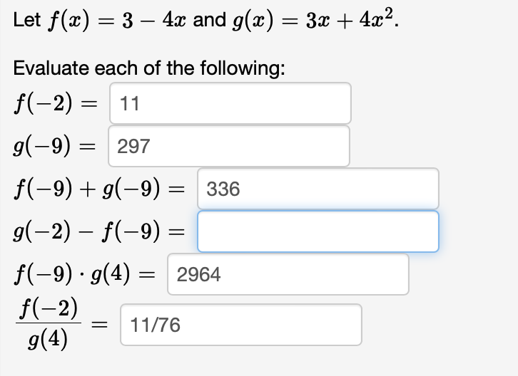 Solved Let f(x)=3−4x and g(x)=3x+4x2. Evaluate each of the | Chegg.com