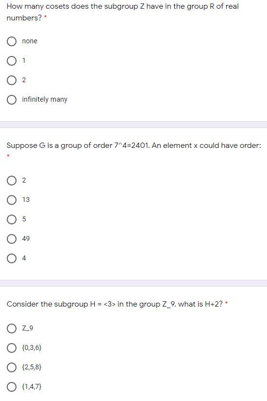Solved How many cosets does the subgroup Z have in the group | Chegg.com