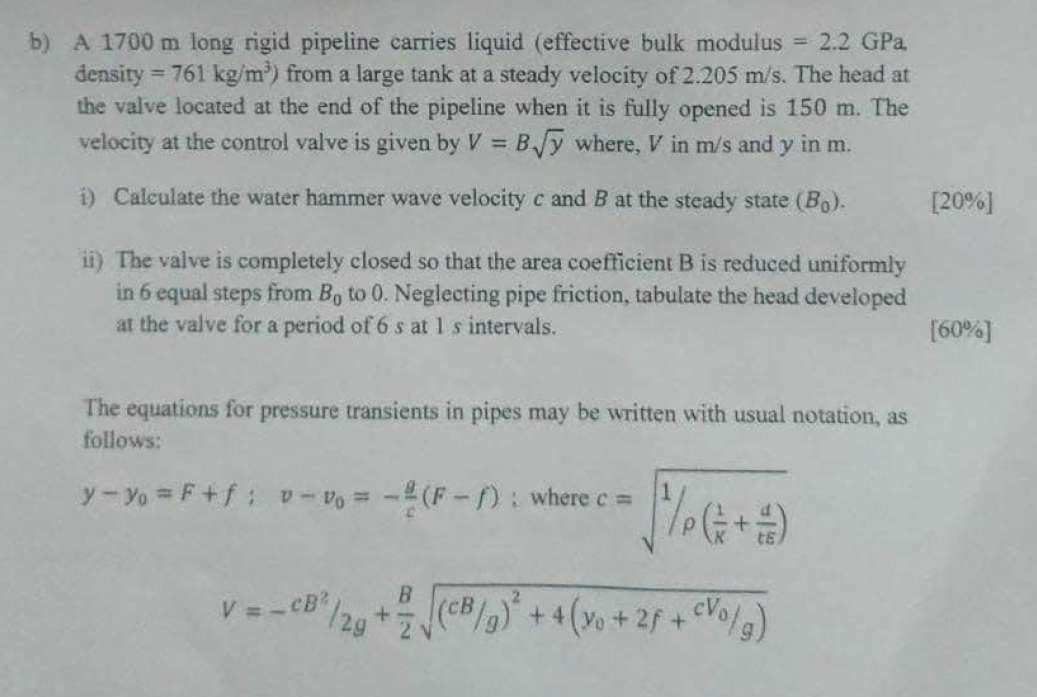 Solved A 1700 m long rigid pipeline carries liquid | Chegg.com