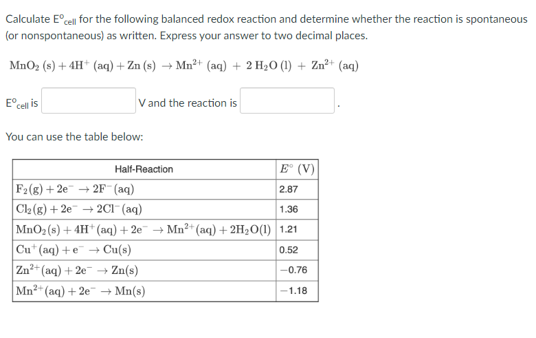 Solved Calculate E∘cell for the following balanced redox | Chegg.com