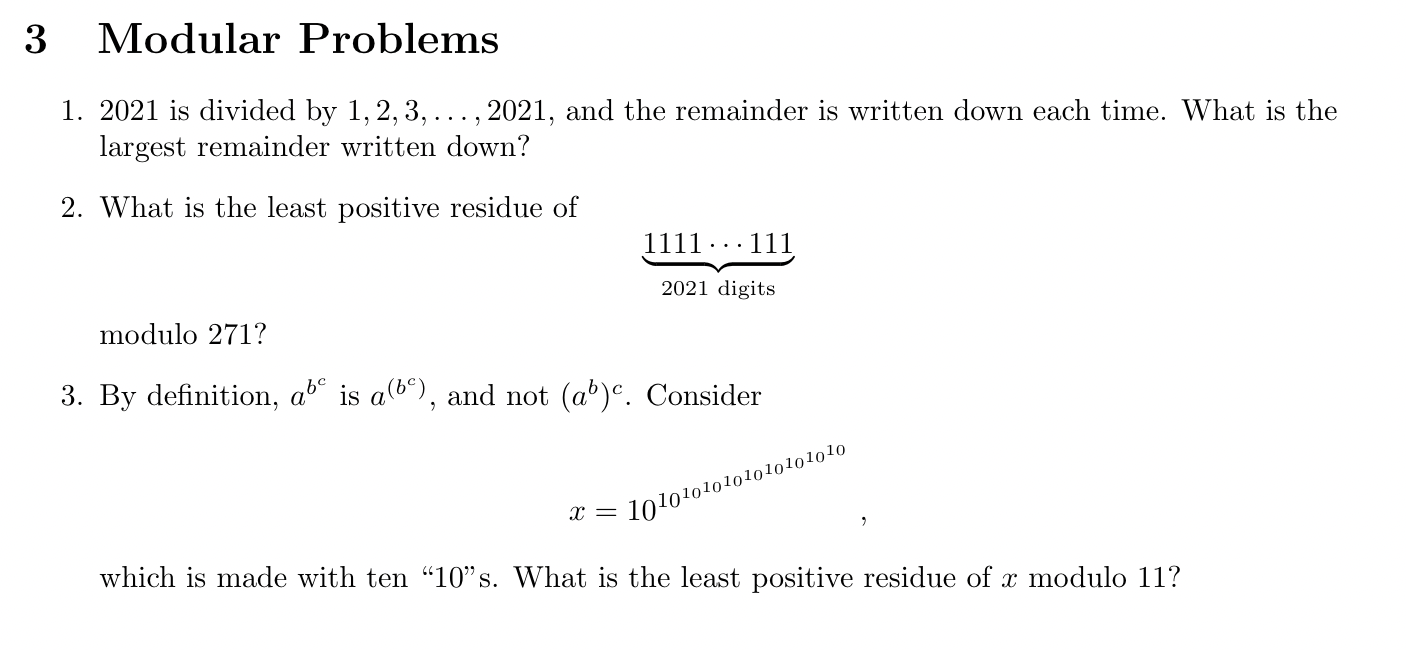 Solved 3 Modular Problems 1. 2021 is divided by 1, 2, 3, | Chegg.com
