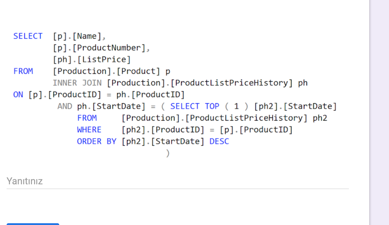 Solved SELECT [p] . [Name], [p]. [ProductNumber], [ph] | Chegg.com