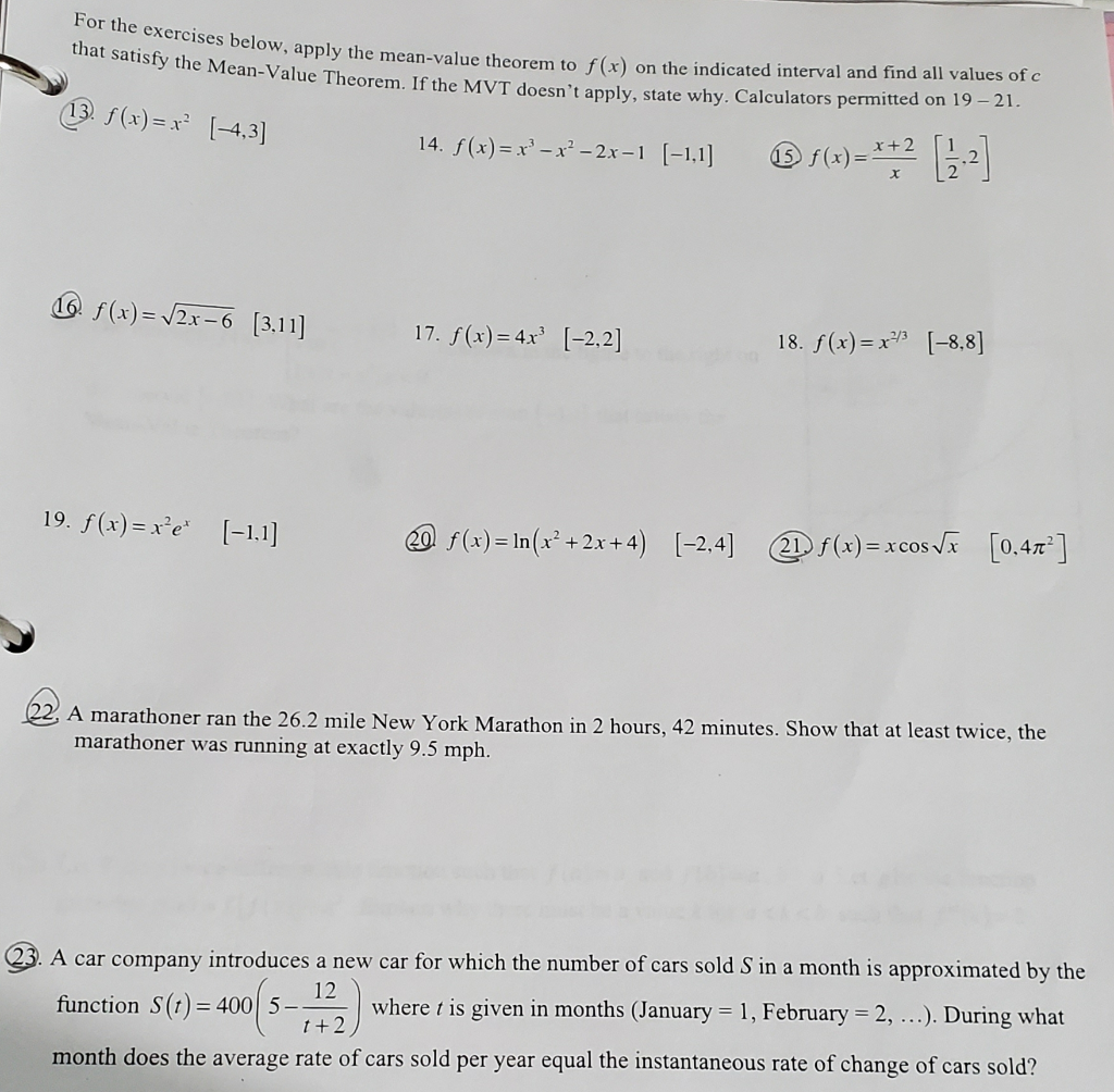 Solved For the exercises below, apply the mean-value theorem | Chegg.com