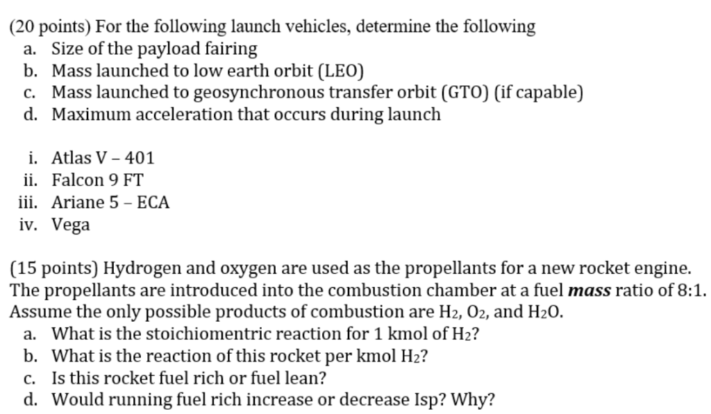 Solved (20 points) For the following launch vehicles, | Chegg.com