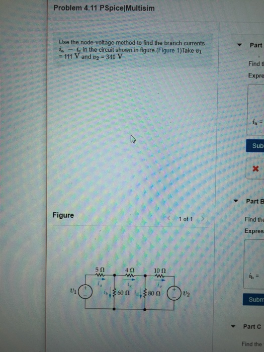 Solved Problem 4.11 PSpice Multisim Use the node-voltage | Chegg.com