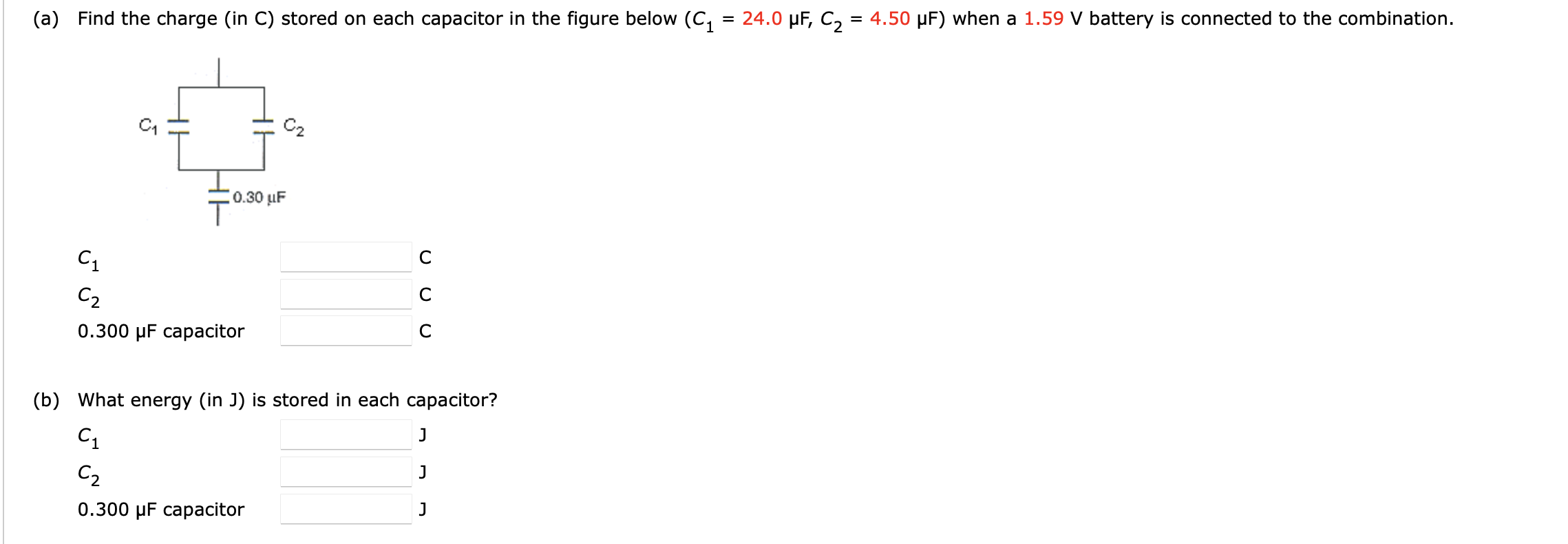 Solved (a) Find the charge (in C) stored on each capacitor | Chegg.com