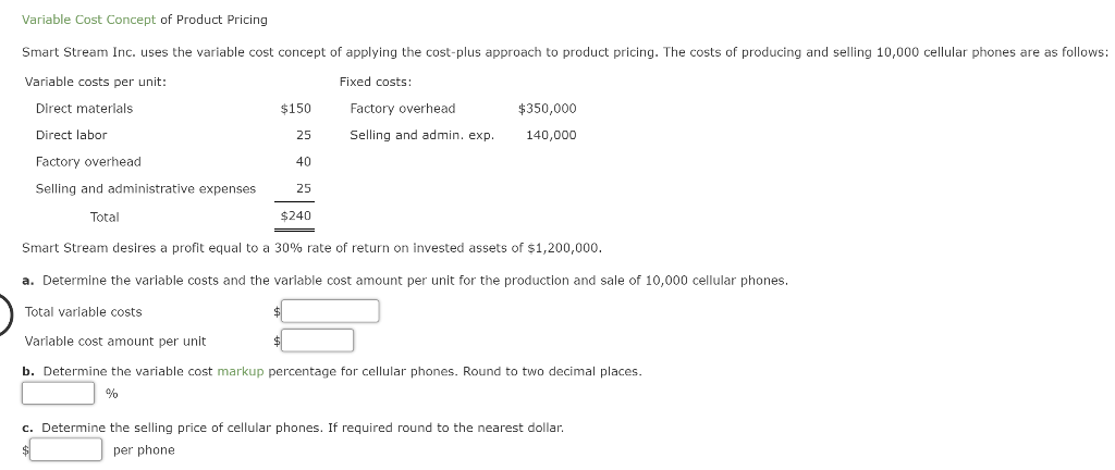Solved Variable Cost Concept of Product Pricing Smart Stream | Chegg.com