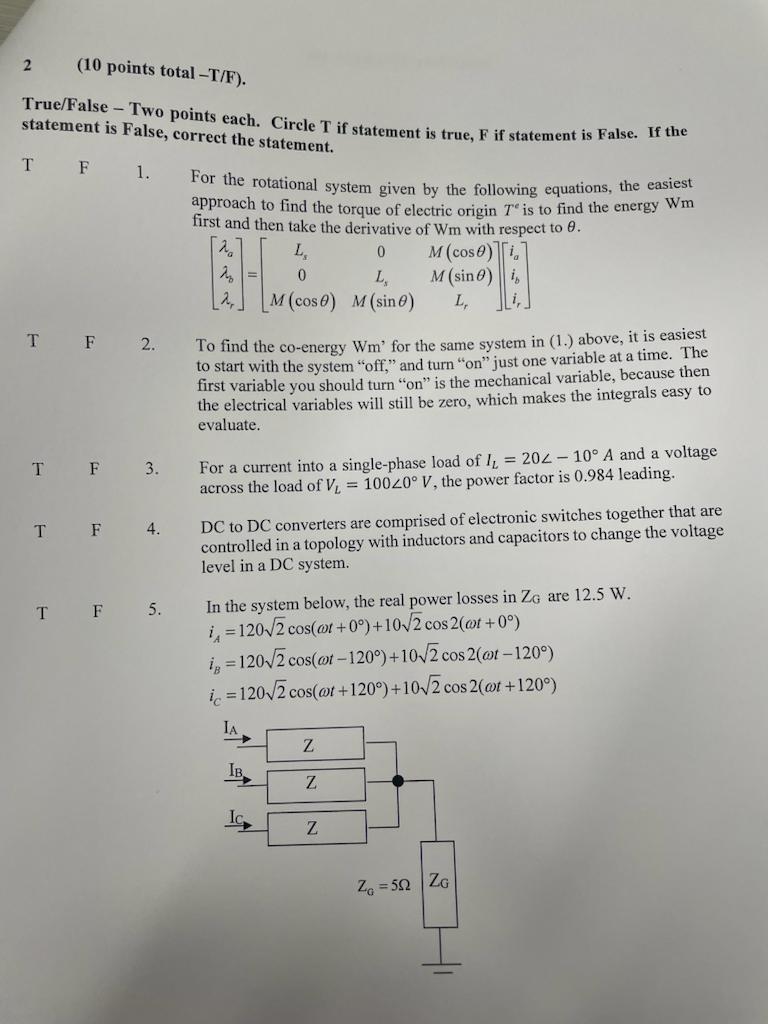 Solved 2(10 points total-T/F). True/False - Two points each. | Chegg.com
